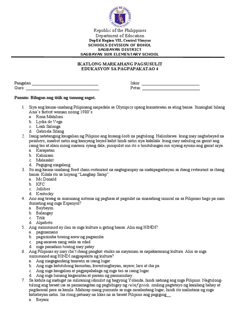 Ikatlong Markahang Pagsusulit Esp 4 | PDF