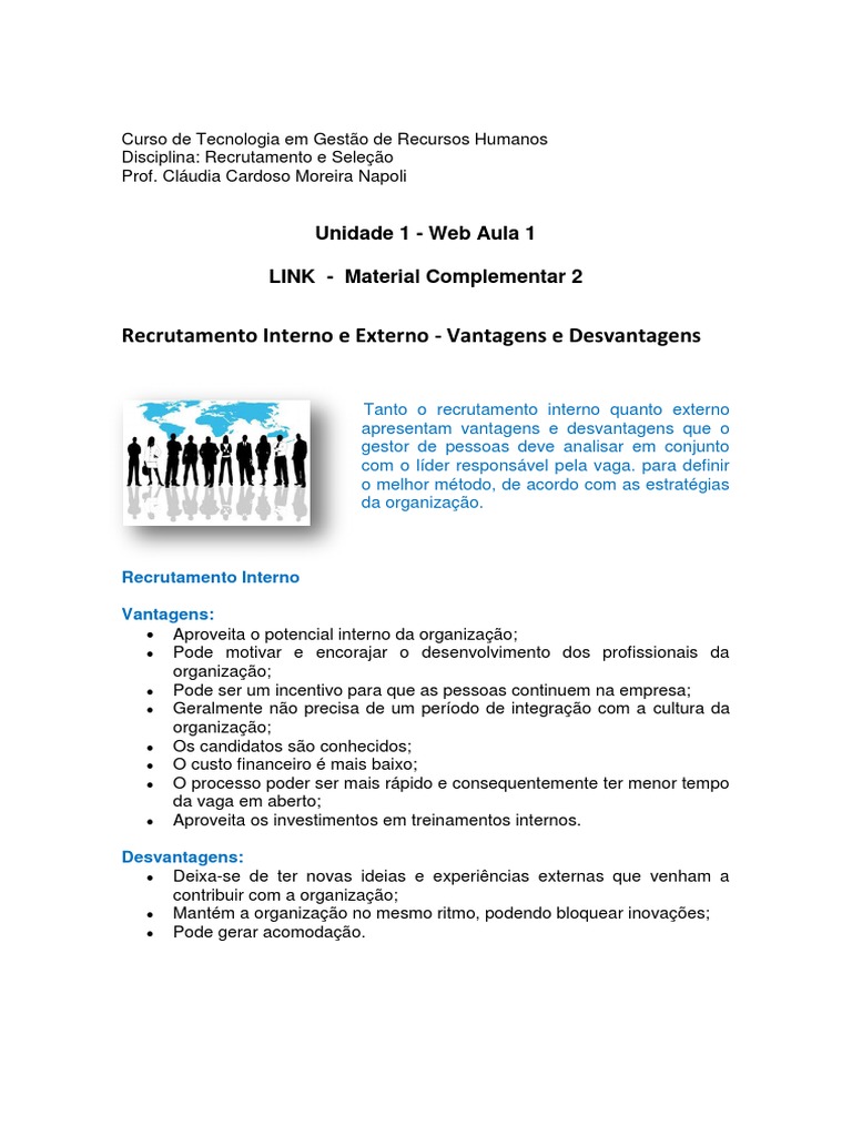 Recrutamento Interno e Externo - Vantagens e Desvantagens | PDF ... Recrutamento Interno e Externo - Vantagens e Desvantagens | PDF ...
