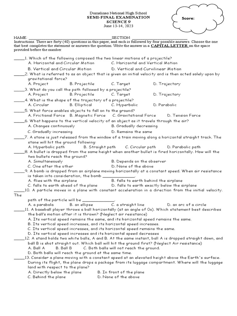Science 9 Semi-Final Exam 2023 | PDF | Momentum | Potential Energy
