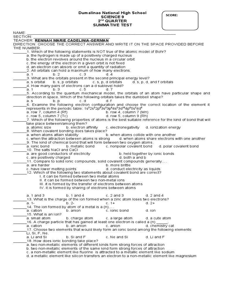 Grade 9 Science Summative Test | PDF | Ion | Atomic Orbital
