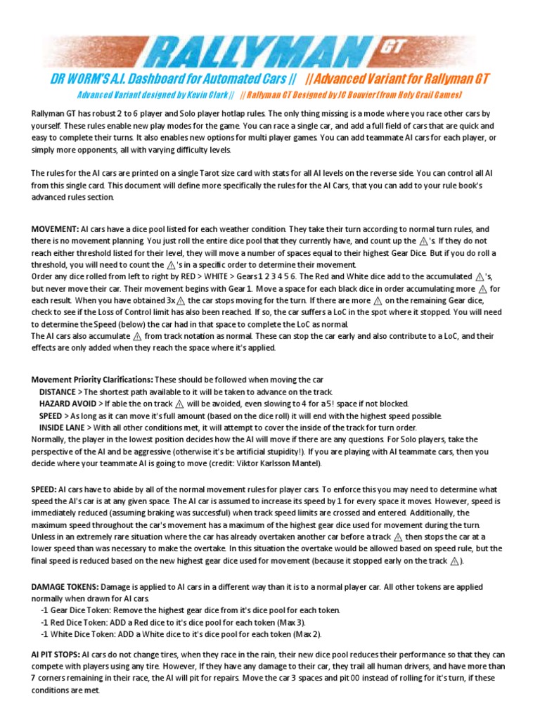 AI Rules for Rallyman GT Racing | PDF