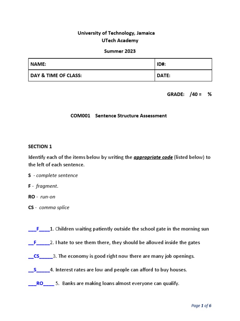 Com0001 Sentence Structure Test Summer 2023 | PDF | Twin