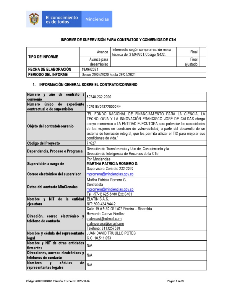 INFO - AVANCE SUPERVISION No3 - Cto - 232-2020 | PDF | Software | Evaluación