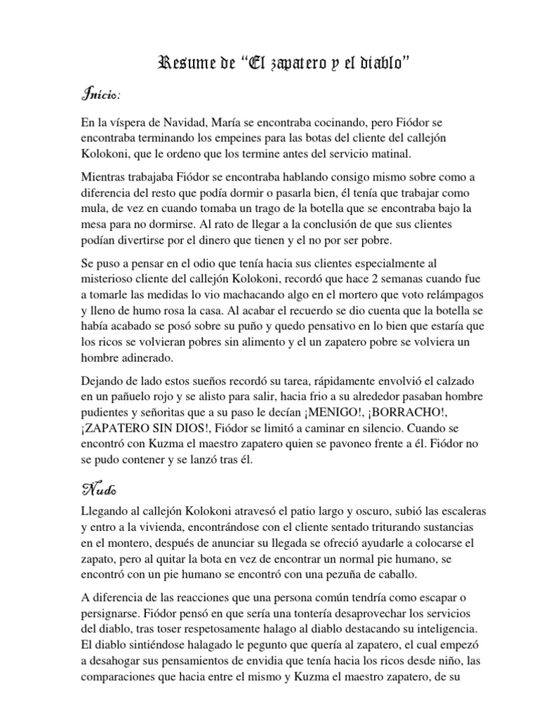 Resume de El Zapatero y El Diablo | PDF