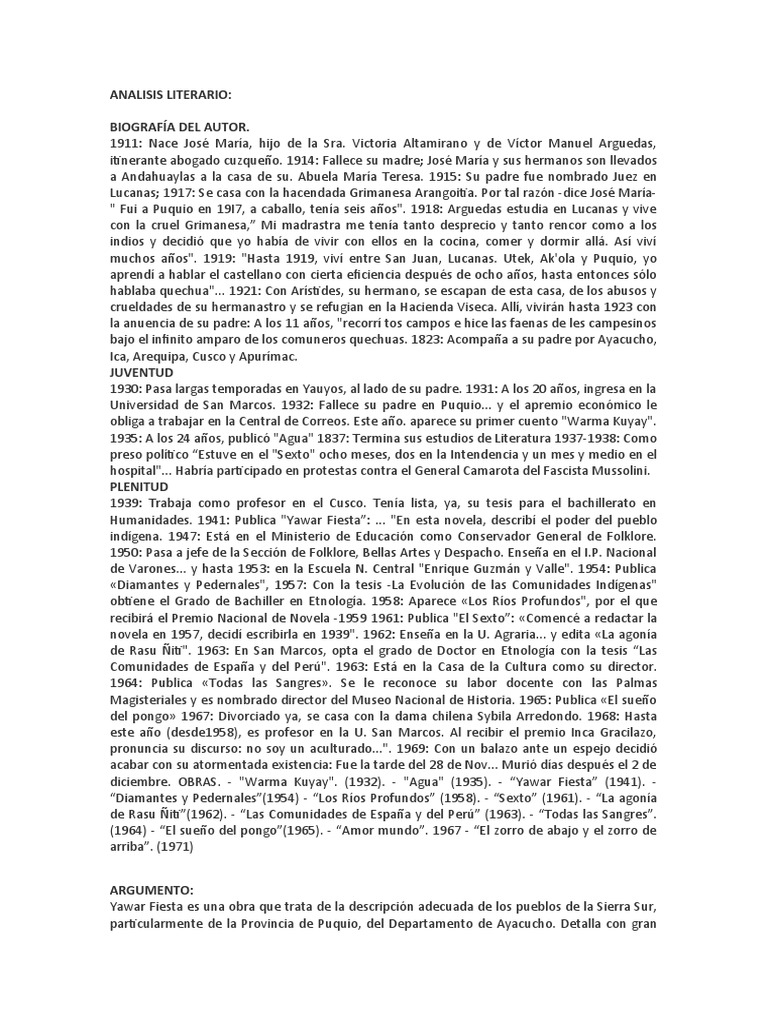 Resumen Por Capitulo de La Obra Yawar Fiesta | PDF Resumen Por Capitulo de La Obra Yawar Fiesta | PDF