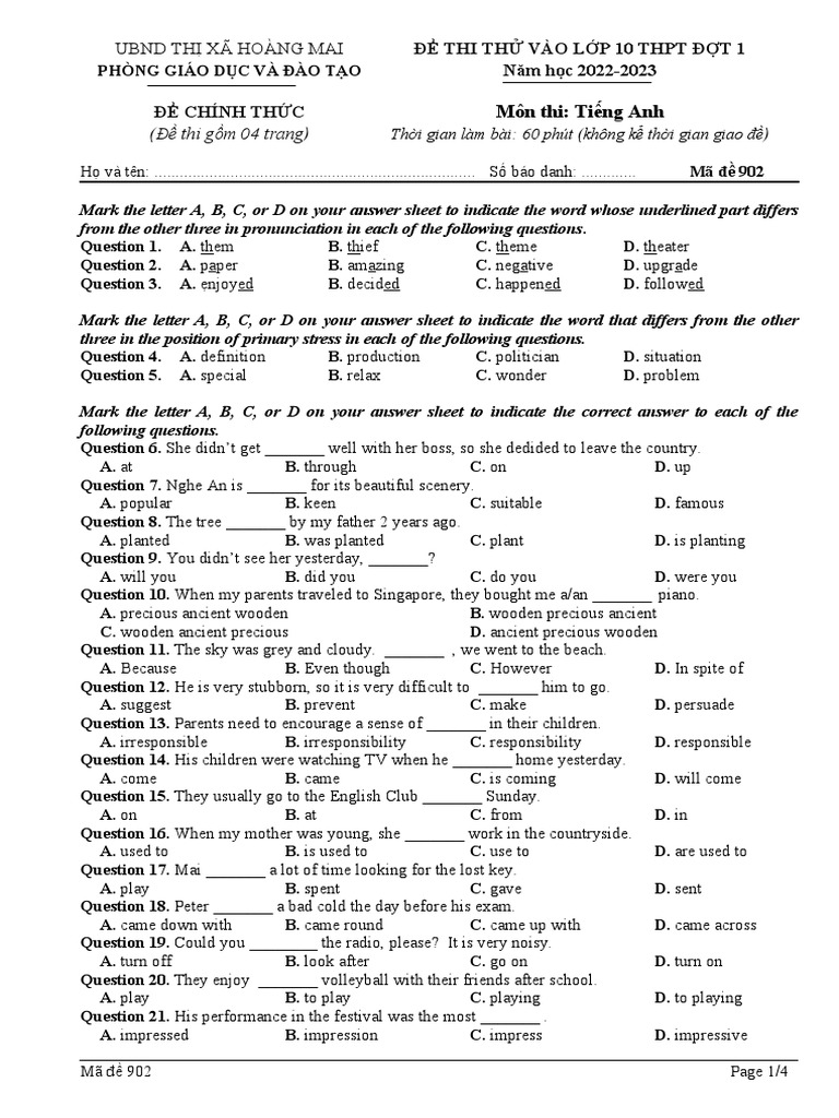 Dot-01 Tieng-Anh Ma de 902 | PDF | Hawaii