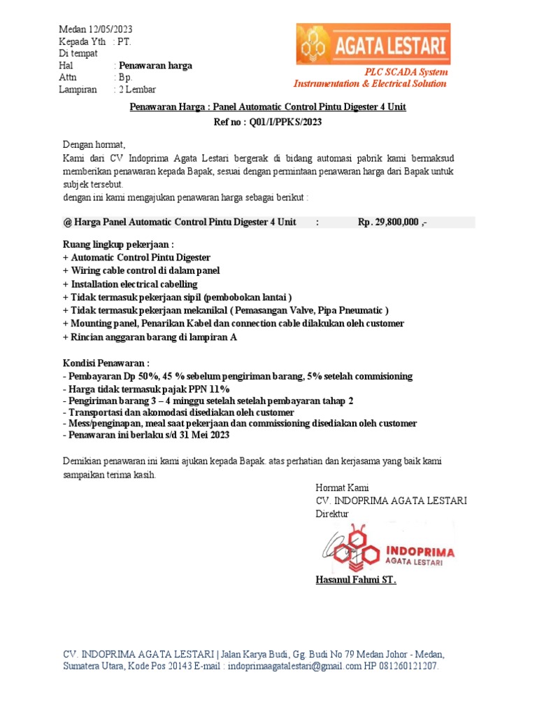 Penawaran Panel Control Pintu Digester 4 Unit | PDF