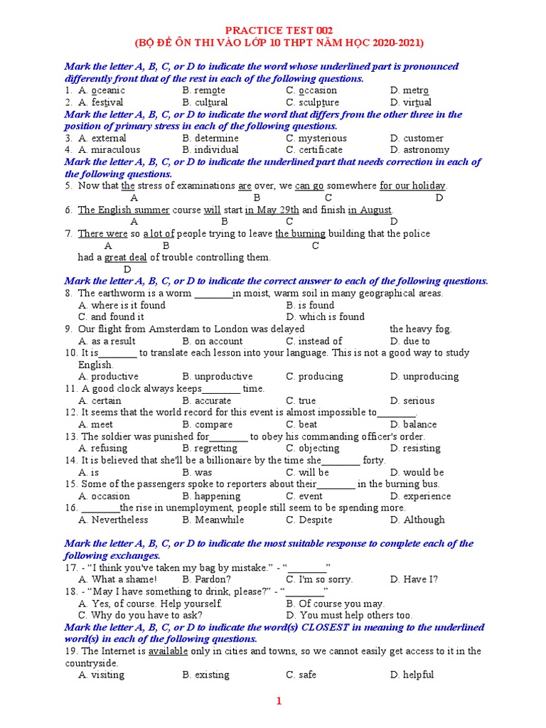 Practice Test 002.2020 | PDF | Schools | Bullying