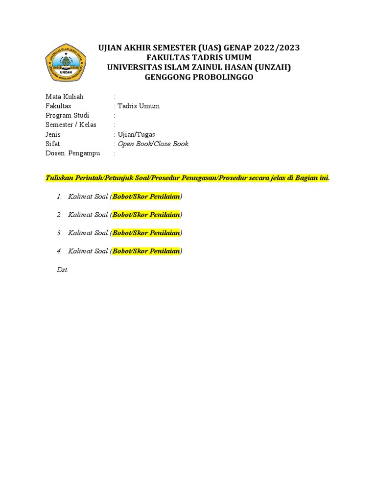 01-Template Soal UAS GENAP 2022-2023 Tadris Umum | PDF