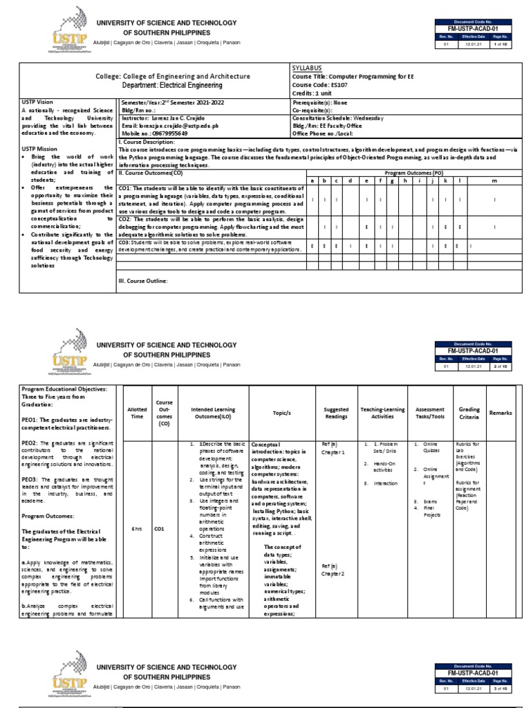 ES107 Computer Programming For EE | PDF | Class (Computer Programming) | Computer Program