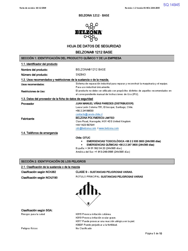 Hoja de Datos de Seguridad - Belzona 1212 (Base) SQ14945 | PDF | Residuos | Agua
