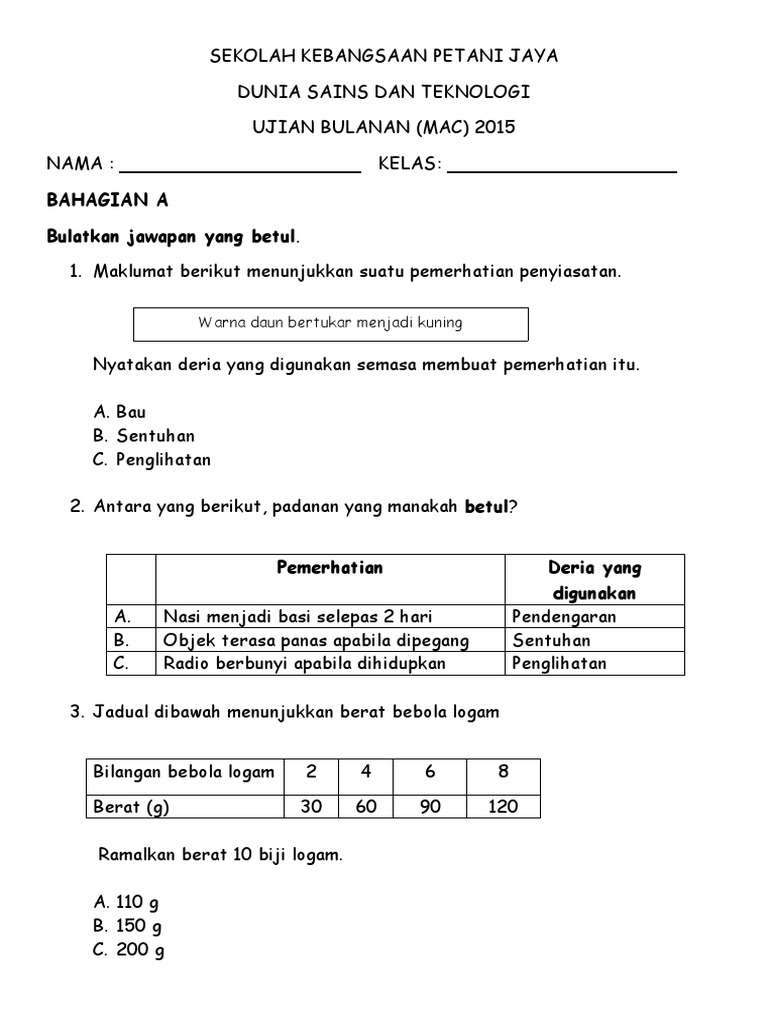 Contoh Soalan Ujian Sains Tahun 3 Set 2 | PDF