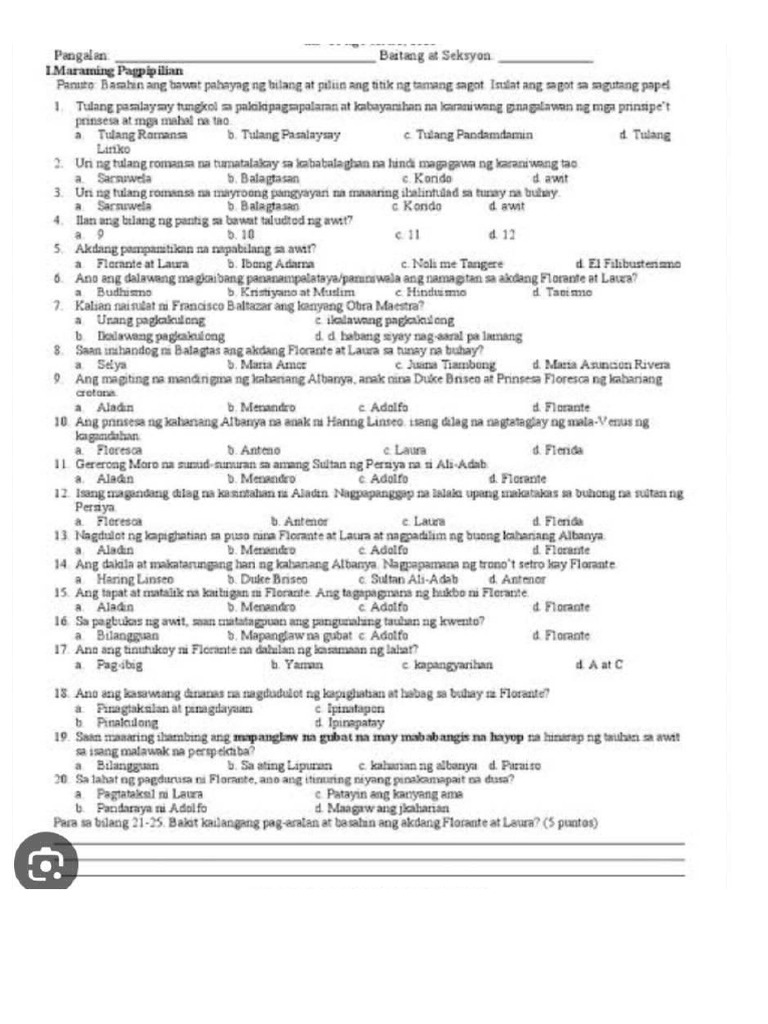 Florante at Laura Test | PDF