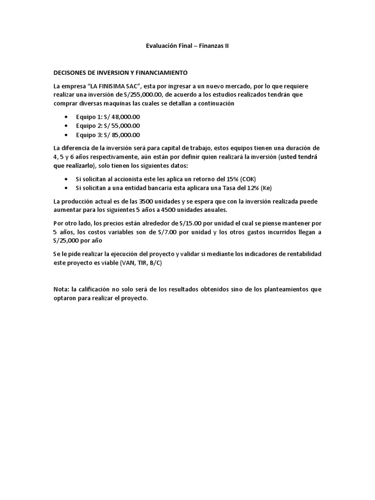 Evaluación Final - FINANZAS 2 | PDF | Negocios | Finanzas y dinero