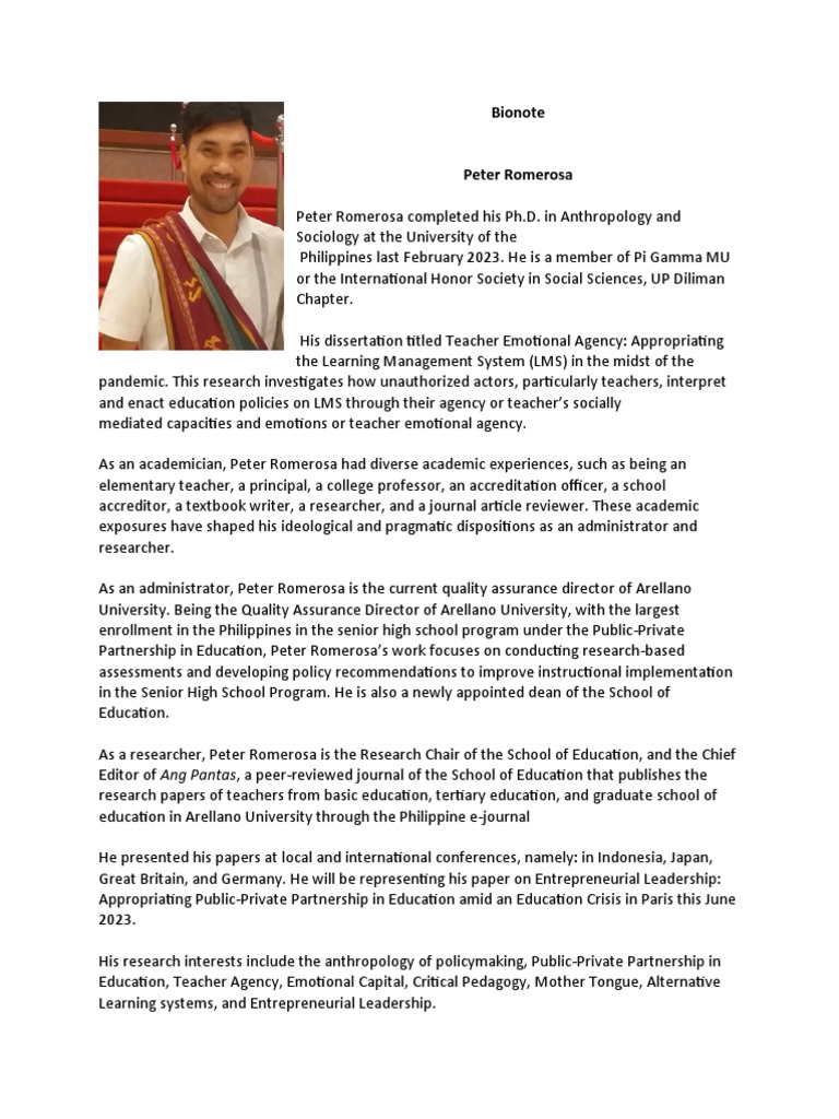 Revised Bionote - Peter Romerosa | PDF | Teachers | Academic Journal