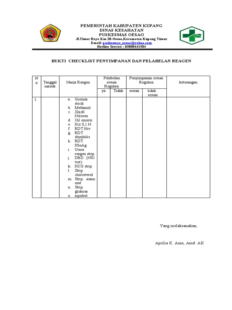Checklist Penyimpanan Dan Pelabelan Reagensia | PDF