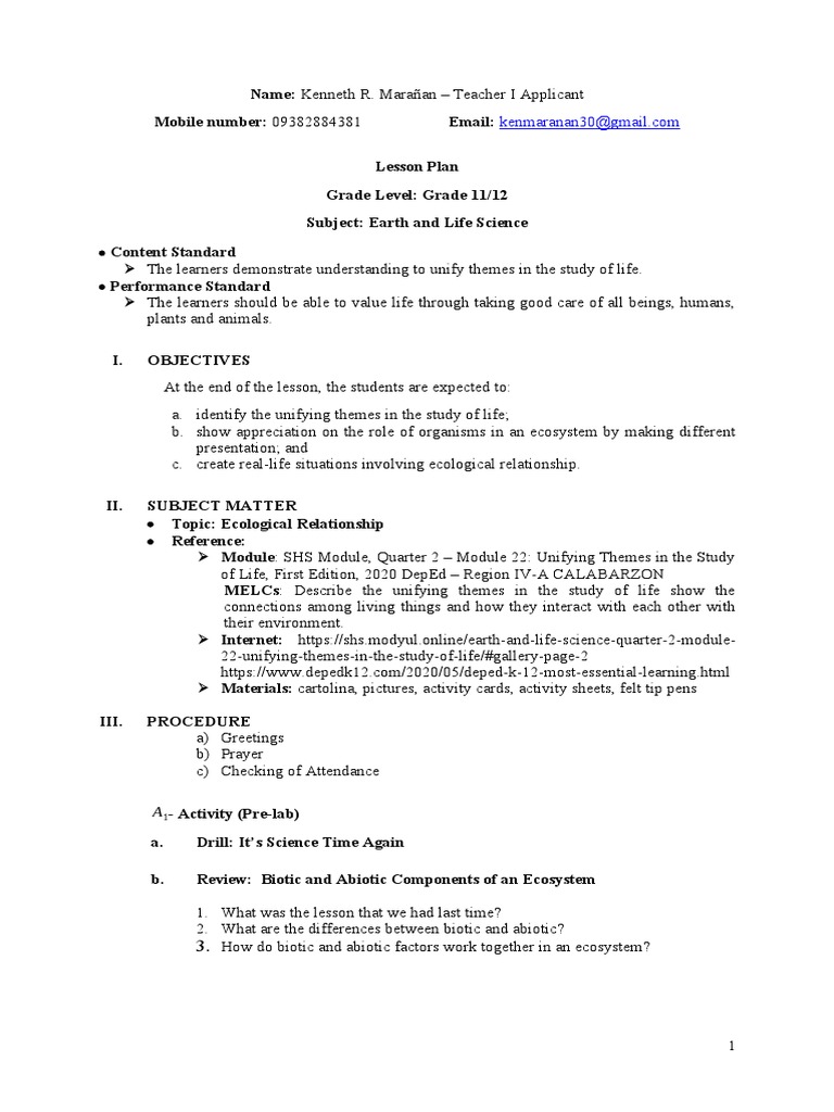 Grade 11 Earth and Life Science Plan | PDF | Ecosystem | Learning