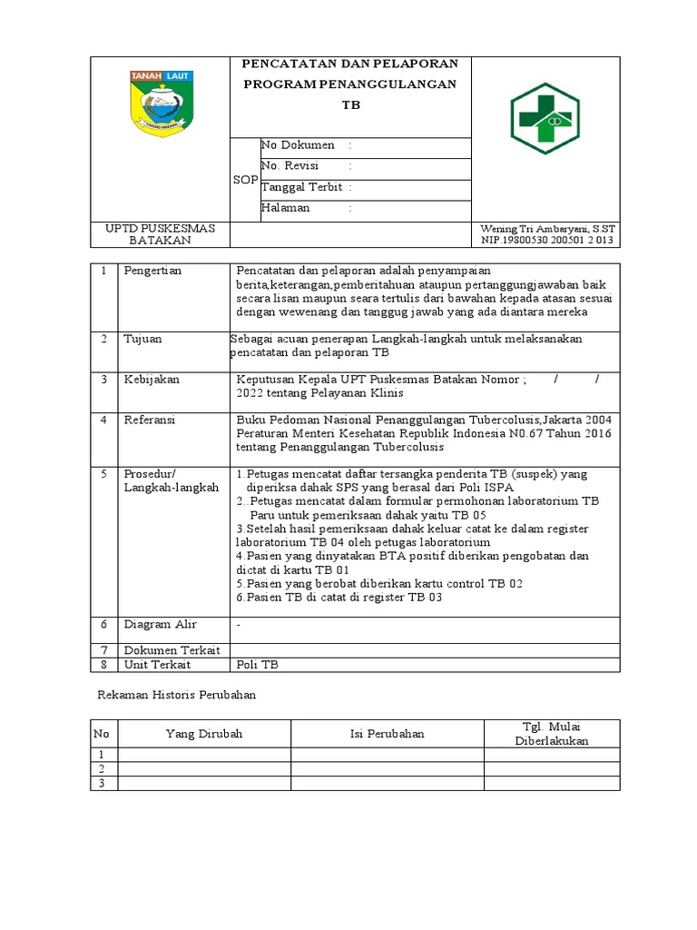 SOP Pencatatan Dan Pelaporan TB | PDF