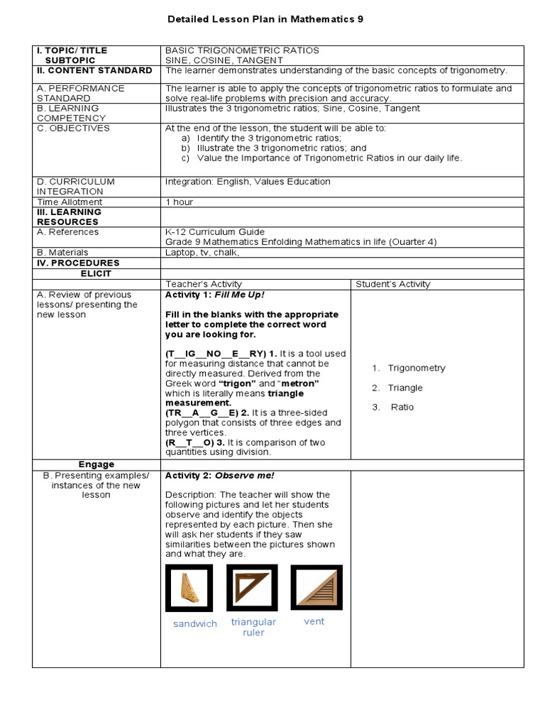 Detailed Lesson Plan in Mathematics 9 | PDF | Trigonometry | Triangle