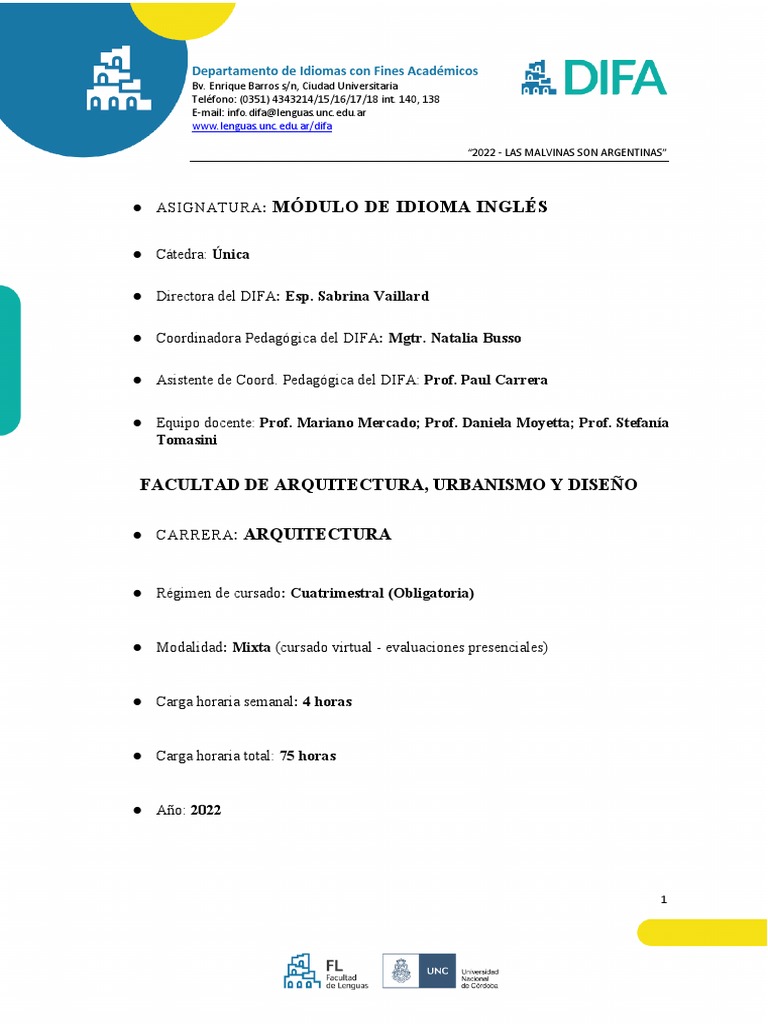 Programa DIFA Inglés Arquitectura 2022 | PDF | Verbo | Comprensión lectora