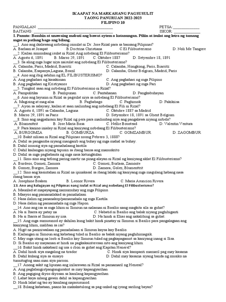 filipino 10 exam (Autosaved) | PDF