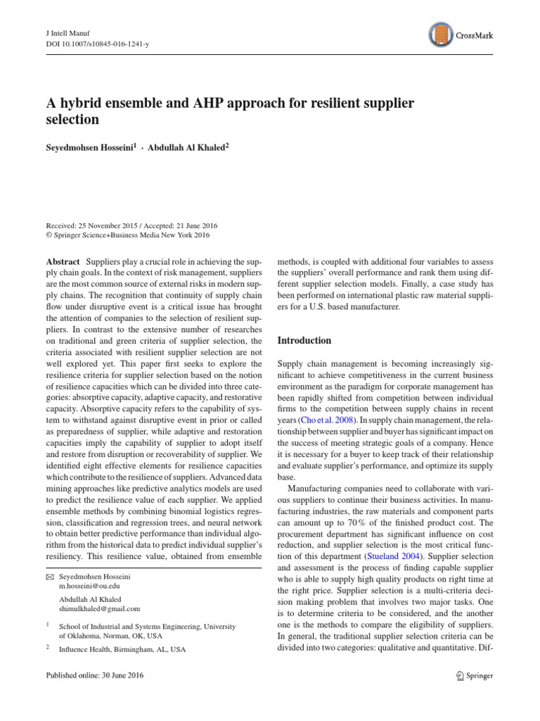 Paper 30 A Hybrid Ensemble and AHP Approach For Resilient Supplier Selection | Download Free PDF ...