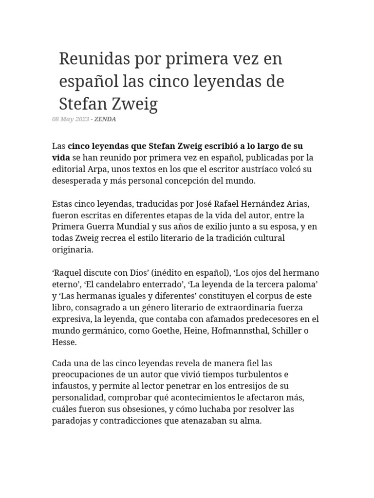 Reunidas Por Primera Vez en Español Las Cinco Leyendas de Stefan Zweig ...