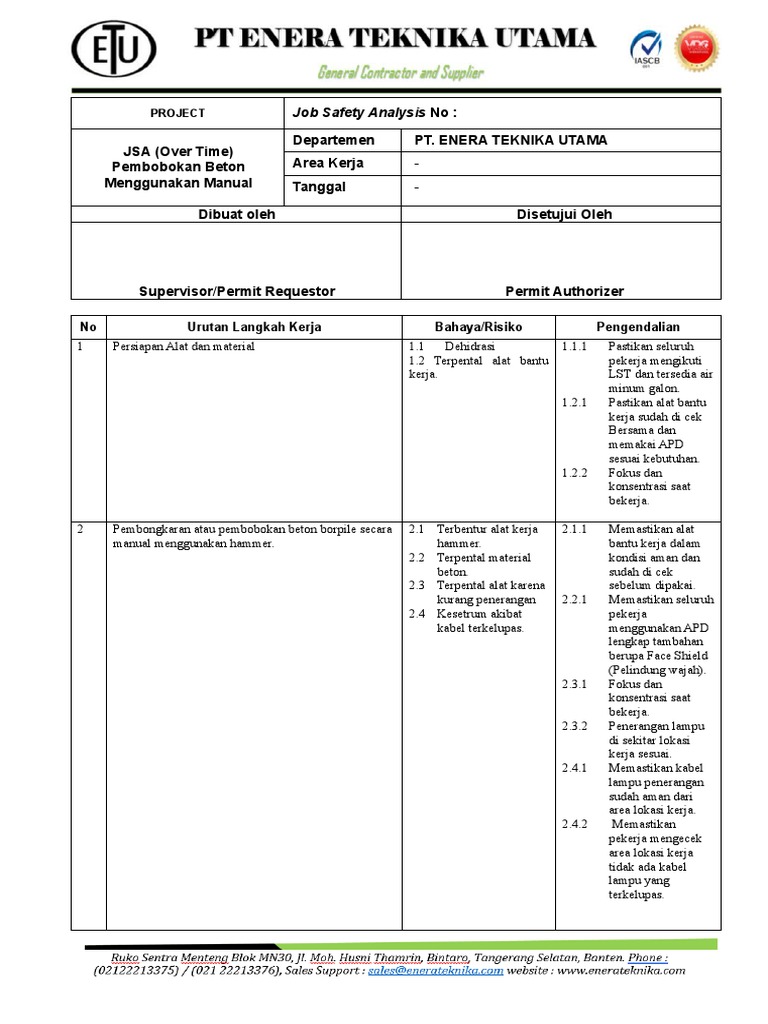 Job Safety Analysis - ETU - (Pembobokan Manual) - Over Time | PDF