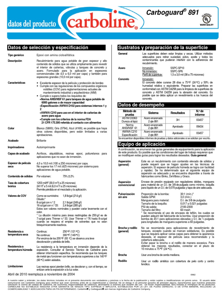 Carboguard 891 PDS 4-10 ES-LA | PDF | Hormigón | Agua