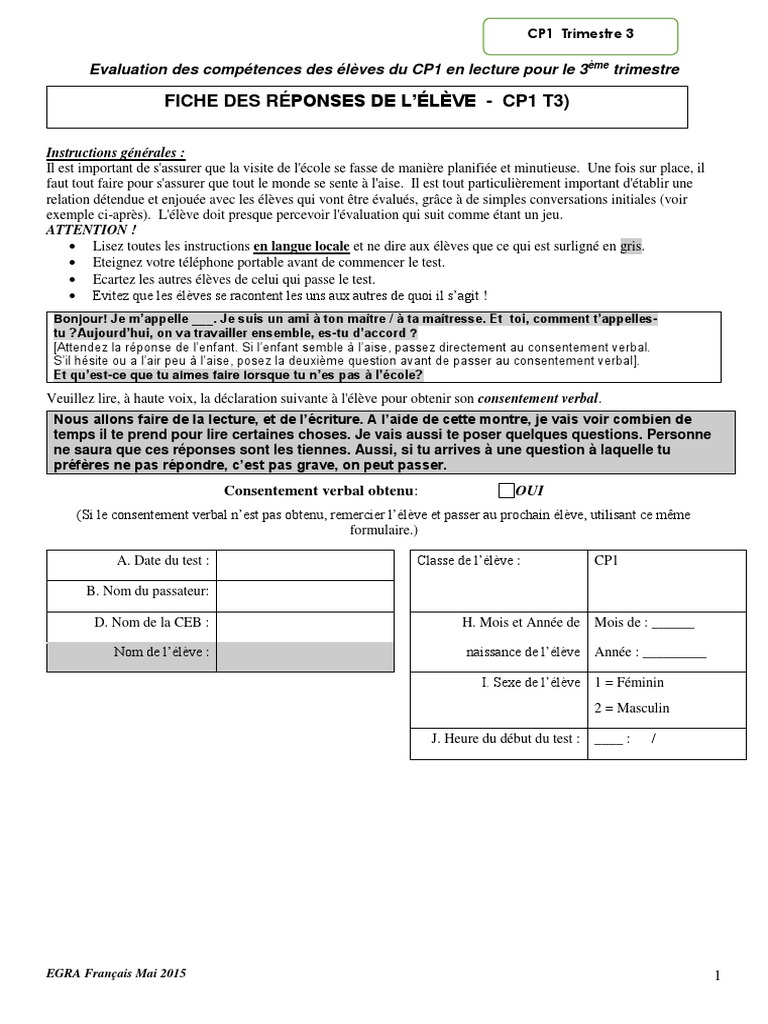Évaluation CP1 Lecture T3 2015 | PDF | Communication humaine | Linguistique