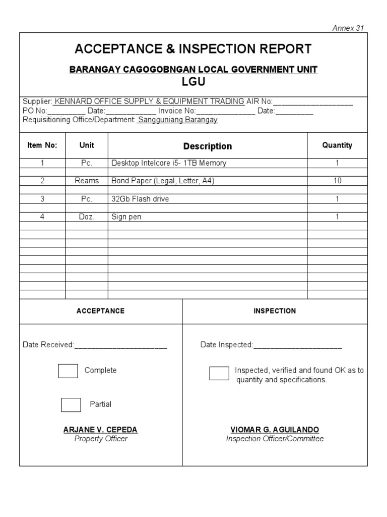 Form ACCEPTANCE & INSPECTION REPORT | PDF