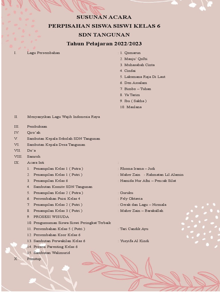 Susunan Acara Perpisahan Kelas 6 | PDF