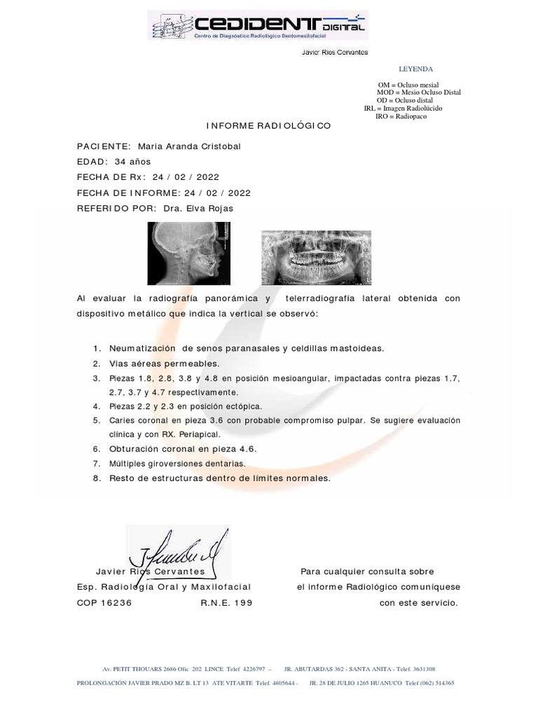 Informe Radiológico Dental de Maria Aranda | PDF | Ciencia y matemáticas