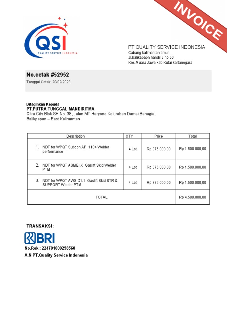 Invoice WPQT PTM | PDF | Construction | Welding