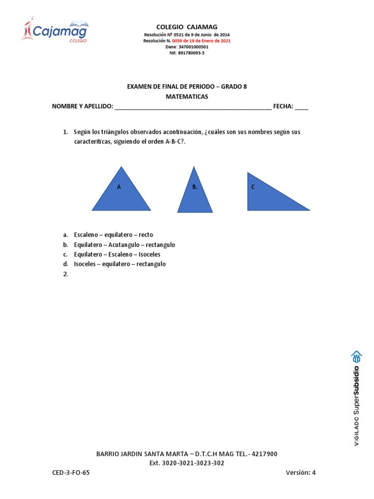 EXAMEN DE FINAL DE PERIODO II Math 8 | PDF