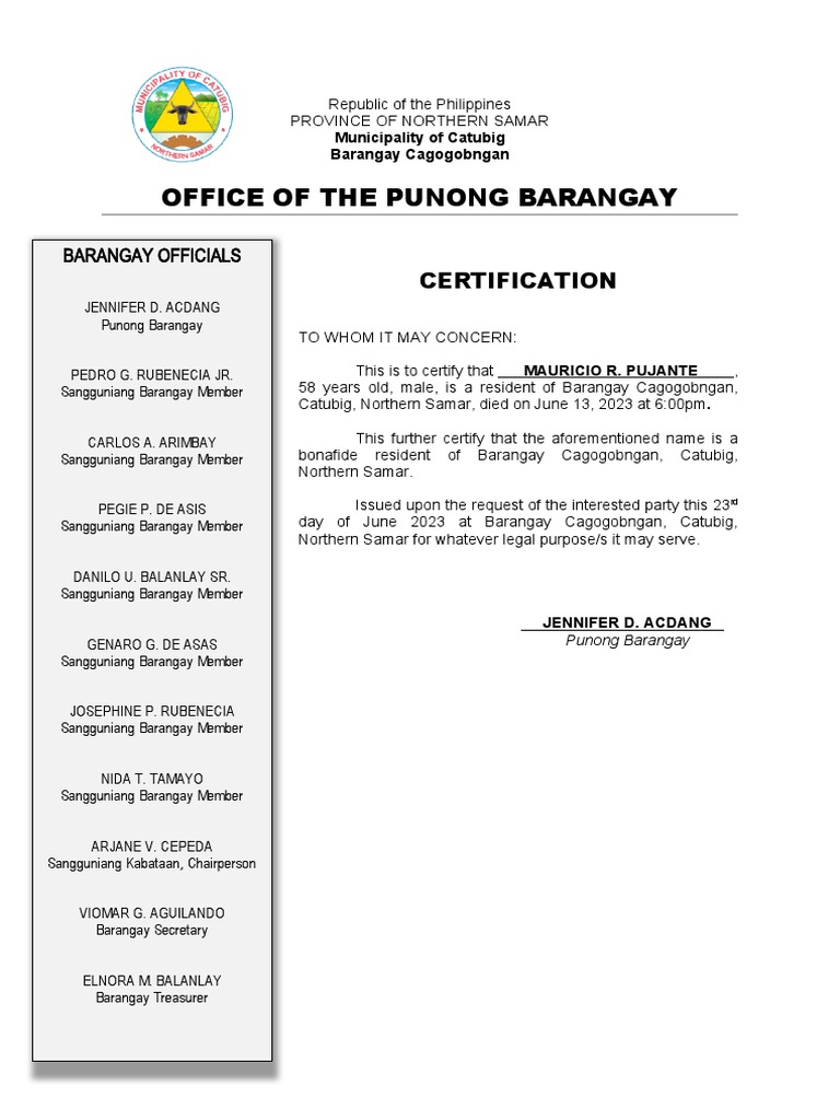 Barangay Certification Sample Document | PDF