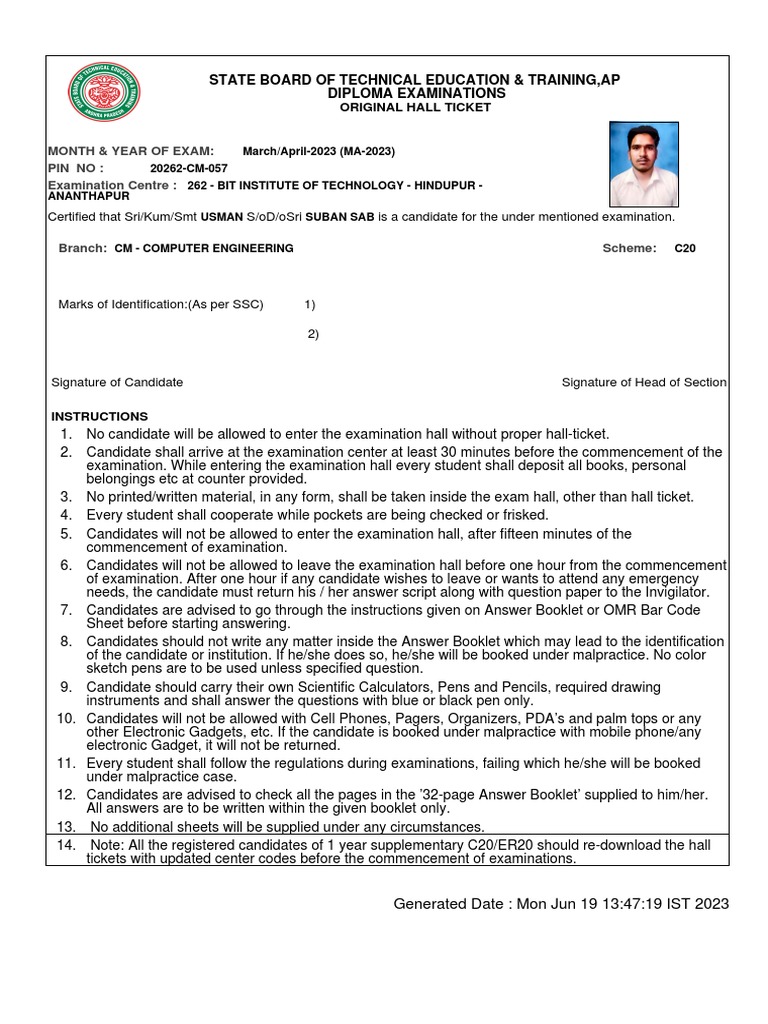 C20_20262-cm-057_Hallticket_2023 | PDF | Computing