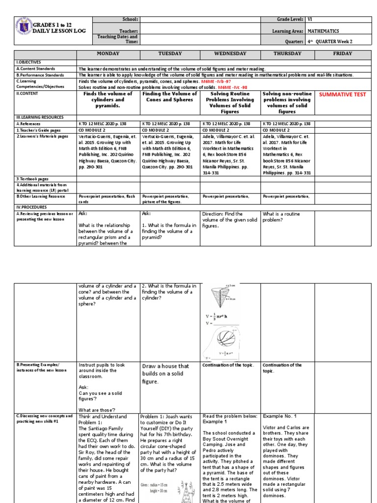 DLL Mathematics 6 q4 w2 | Download Free PDF | Area | Volume