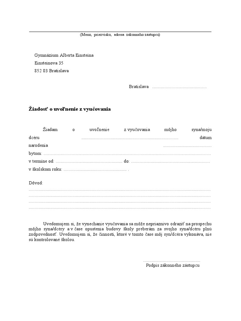 Ziadost o Uvolnenie Z Vyucovania - VZOR | PDF