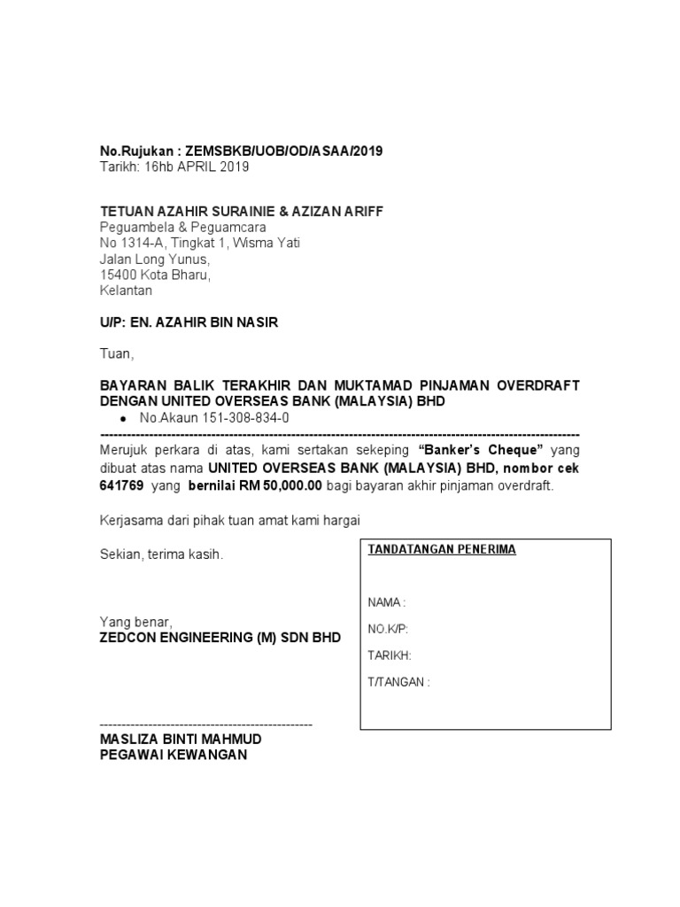 Surat Penyerahan Bank Draf UNTUK UOB-azahir 16-04-19 | PDF | Bisnis ...