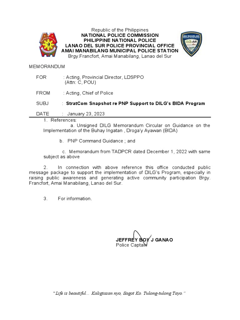 AAR Stratcom Snapshot Re PNP Support to DILG's BIDA Program -January 23 ...