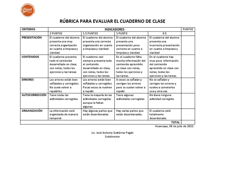 Rúbrica para Evaluar El Cuaderno de Clase | PDF | Cognición