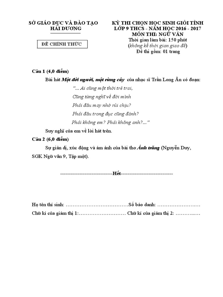 De Thi HSG Mon Ngu Van 9 Tinh Hai Duong Nam 2016 2017 | PDF