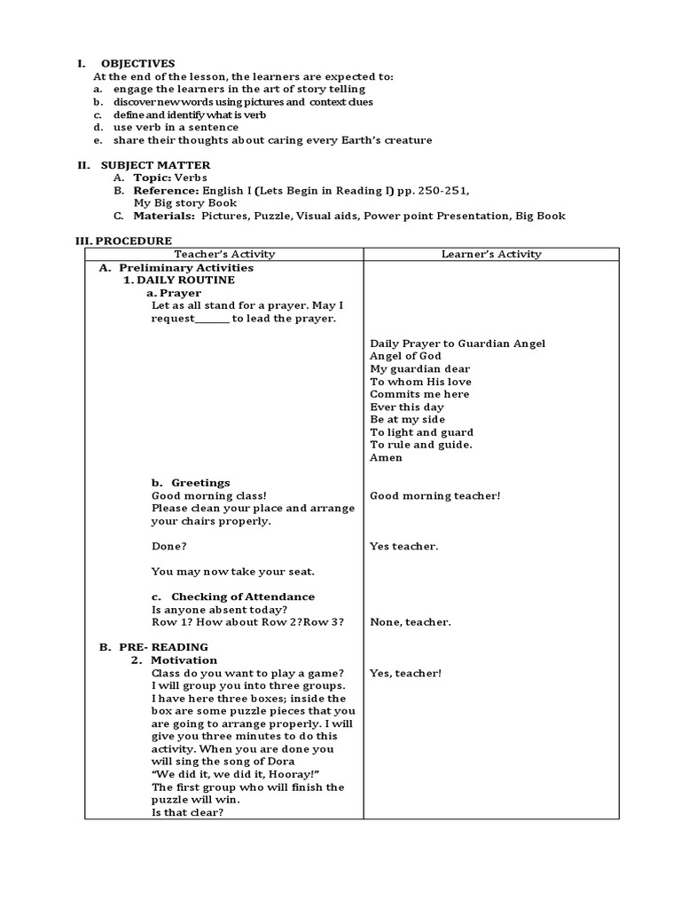 Detailed Lesson Plan Verbs For Grade 1 | Download Free PDF | Teachers ...