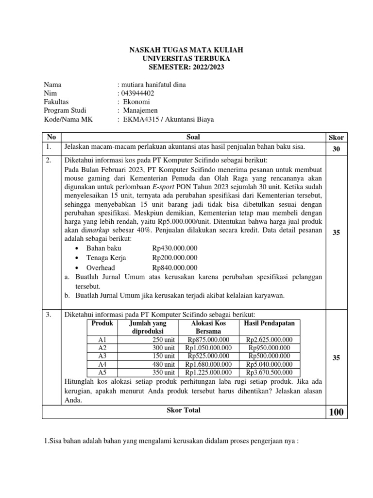 Naskah Tugas Tiga EKMA4315 SET 1 Akuntansi Biaya | PDF