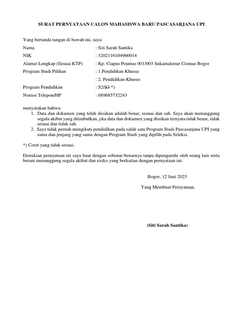 Surat Pernyataan SPS UPI | PDF