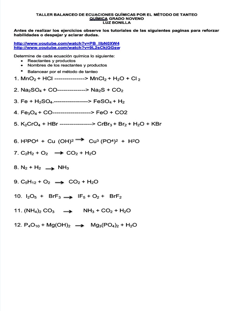 PDF Taller Balanceo de Ecuaciones Quimicas Por El Metodo de Tanteo ...