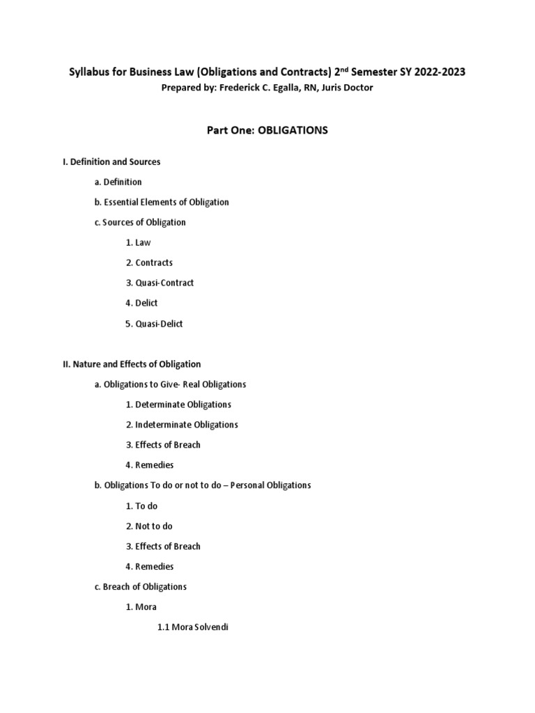 Syllabus For Obligations and Contracts 2nd Semester SY 2022 (Egalla ...