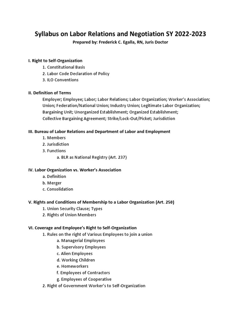 Syllabus on Labor Relations and Negotiation SY 22-23(egalla) | PDF | Employment | Trade Union