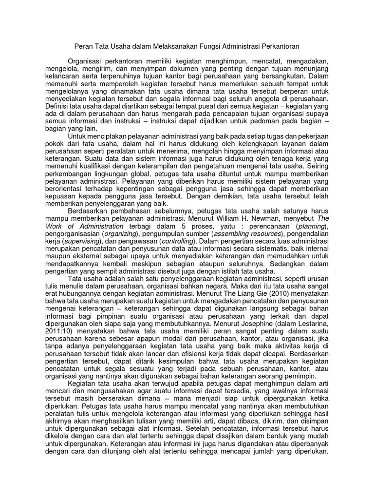 Peran Tata Usaha Dalam Melaksanakan Fungsi Administrasi Perkantoran | PDF Peran Tata Usaha Dalam Melaksanakan Fungsi Administrasi Perkantoran | PDF